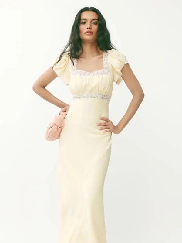 clarisse silk dress reformation REFORMATION Clarisse Square-Neck Silk Midi Dress