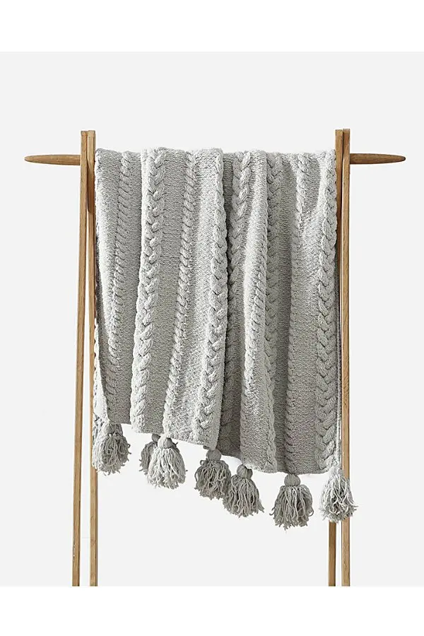 Free People Sunday Citizen Braided Pom Pom Throw - Cloud Gray