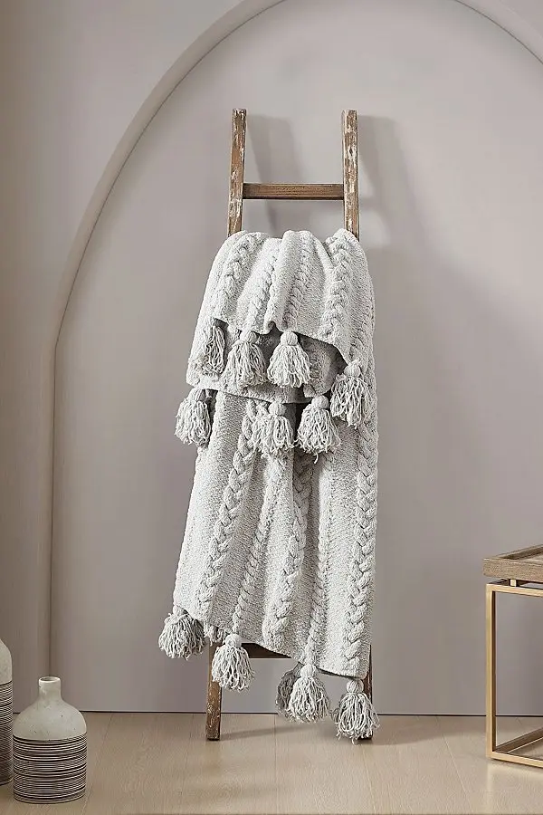 Free People Sunday Citizen Braided Pom Pom Throw - Cloud Gray
