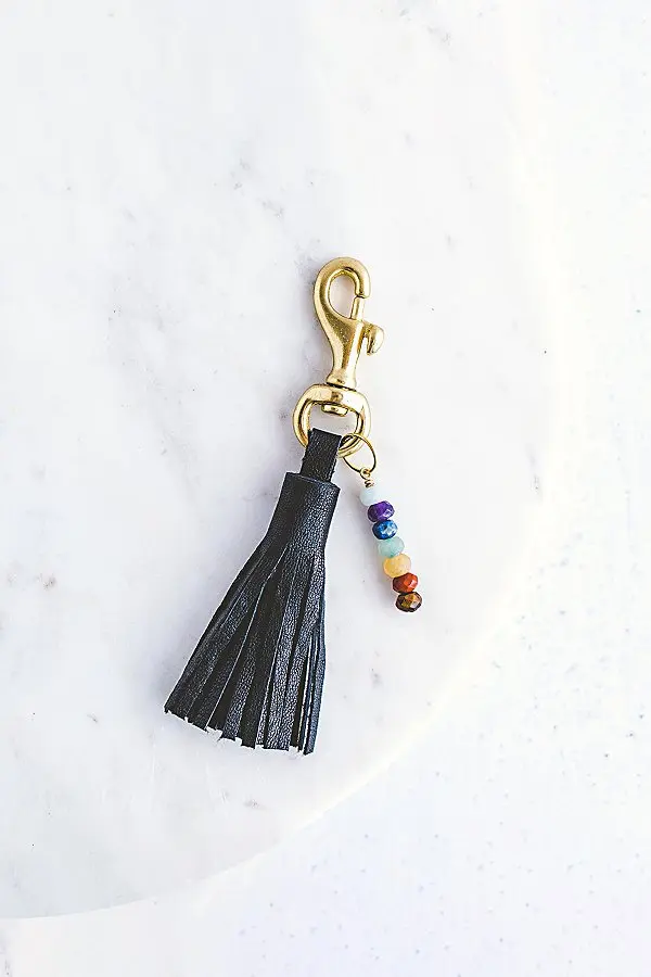 GIVING BRACELETS Chakra Gemstone Leather Tassel Keychain - Black