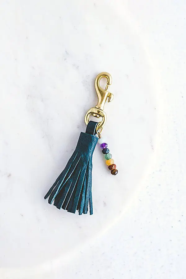 GIVING BRACELETS Chakra Gemstone Leather Tassel Keychain - Blue Spruce