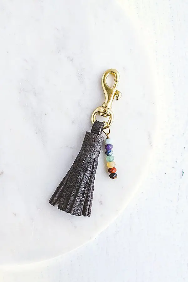 GIVING BRACELETS Chakra Gemstone Leather Tassel Keychain - Charcoal Grey