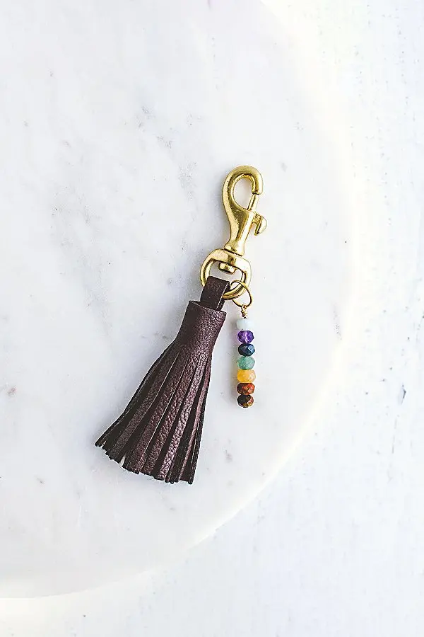 GIVING BRACELETS Chakra Gemstone Leather Tassel Keychain - Chocolate Brown