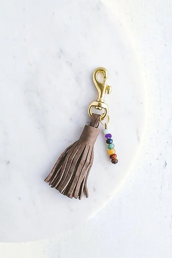 GIVING BRACELETS Chakra Gemstone Leather Tassel Keychain - Light Grey