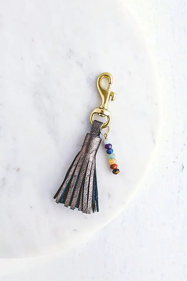 GIVING BRACELETS Chakra Gemstone Leather Tassel Keychain - Metallic Pewter