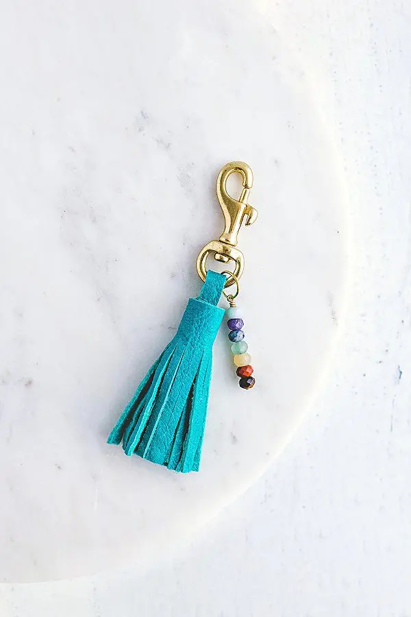 GIVING BRACELETS Chakra Gemstone Leather Tassel Keychain - Turquoise