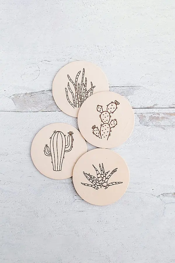 GIVING BRACELETS Leather Coaster Succulent Print Set - Natural