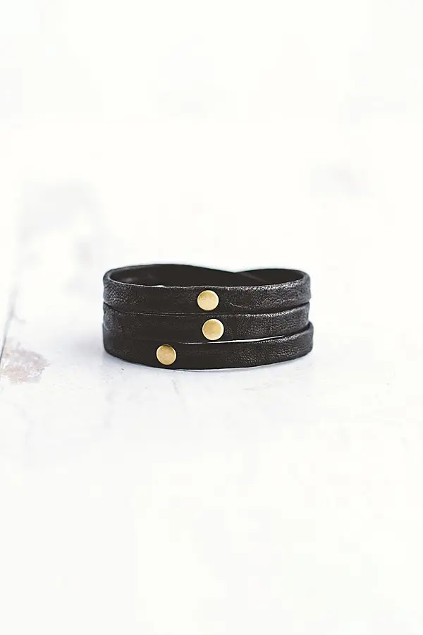 GIVING BRACELETS Antique Brass Triple Warrior Wrap Leather Bracelet - Black