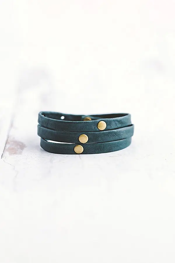 GIVING BRACELETS Antique Brass Triple Warrior Wrap Leather Bracelet - Blue Spruce