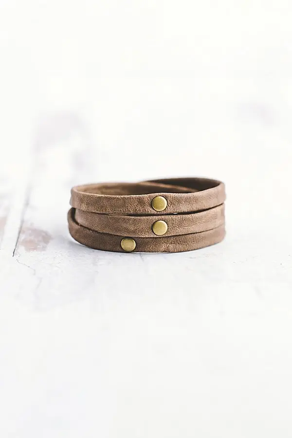 GIVING BRACELETS Antique Brass Triple Warrior Wrap Leather Bracelet - Light Grey