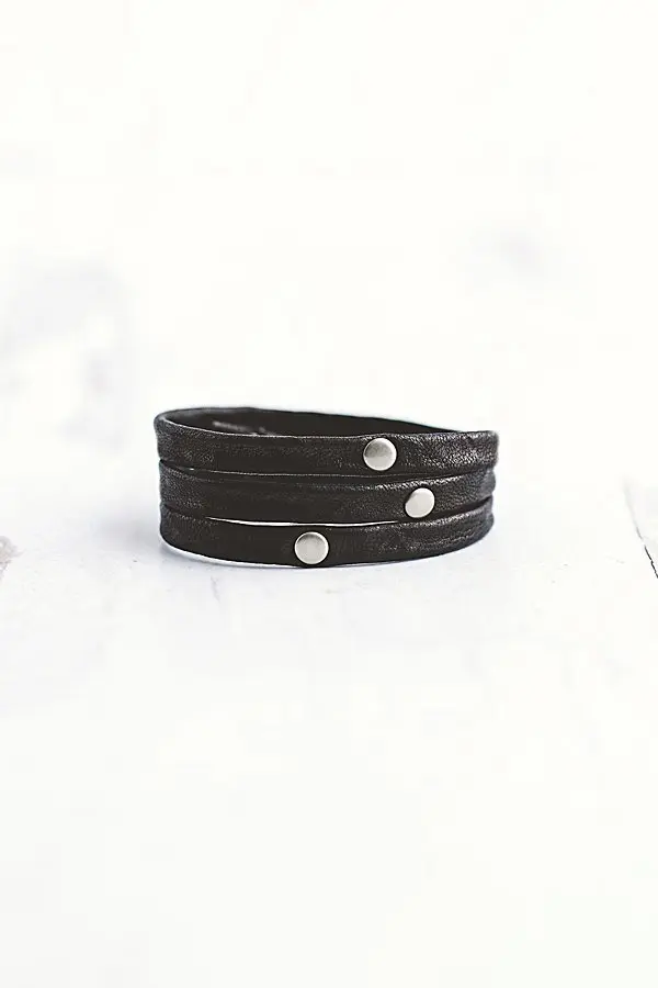 GIVING BRACELETS Brushed Silver Triple Warrior Wrap Leather Bracelet - Black