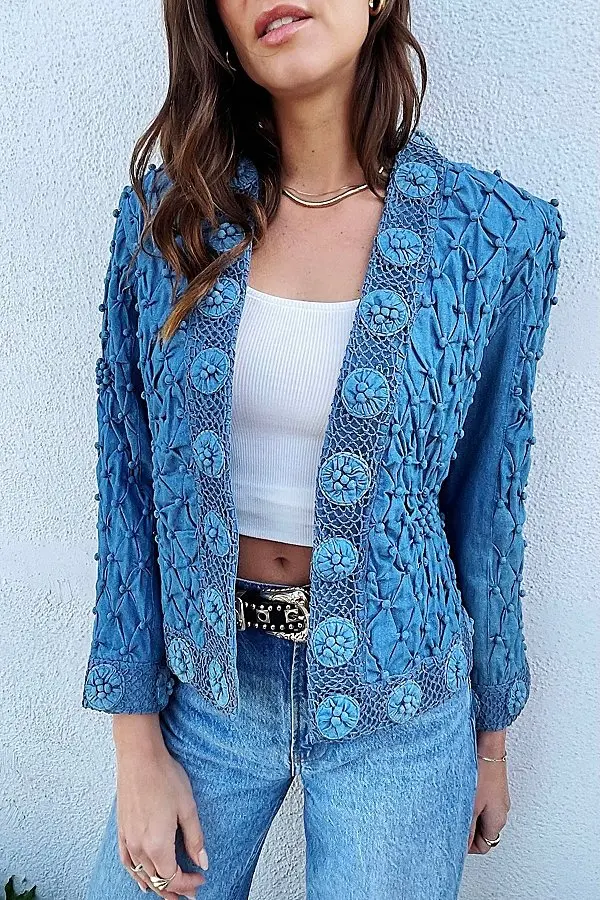 MADLY VINTAGE 90s Textured Cotton Denim Jacket - Blue