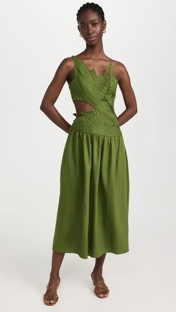 Farm Rio Leaves Cut Out Midi Dress In Green - 40% Off | Editorialist