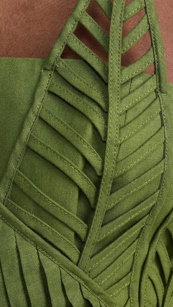 farm rio green leaves cut out dress FARM Rio Green Striped 3d Monstera Leaf Euroflax Premium Linen Midi Dress, Green / XXS main image 0
