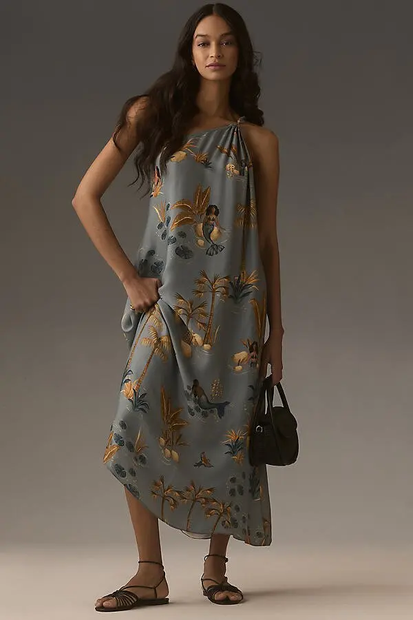 farm rio blue one shoulder dress Seahorse Embroidery One Shoulder Maxi Dress