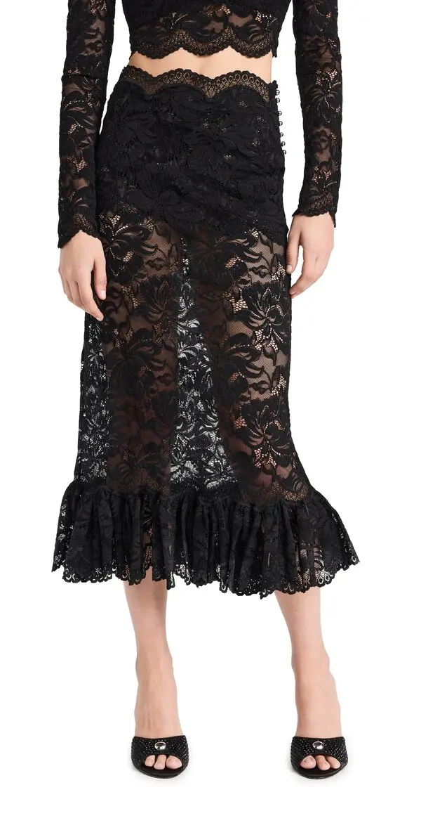 Rabanne Stretch Lace Tiered Hem Midi Skirt