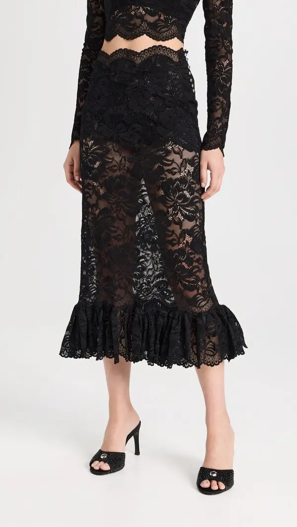 Rabanne Stretch Lace Tiered Hem Midi Skirt