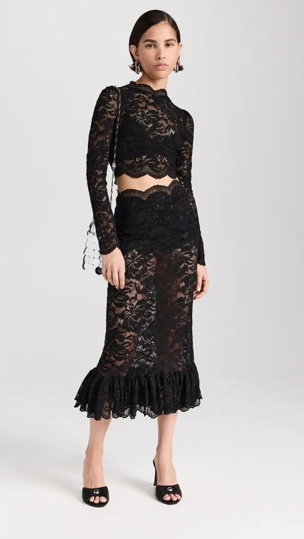 Rabanne Stretch Lace Tiered Hem Midi Skirt