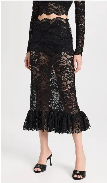 Rabanne Stretch Lace Tiered Hem Midi Skirt