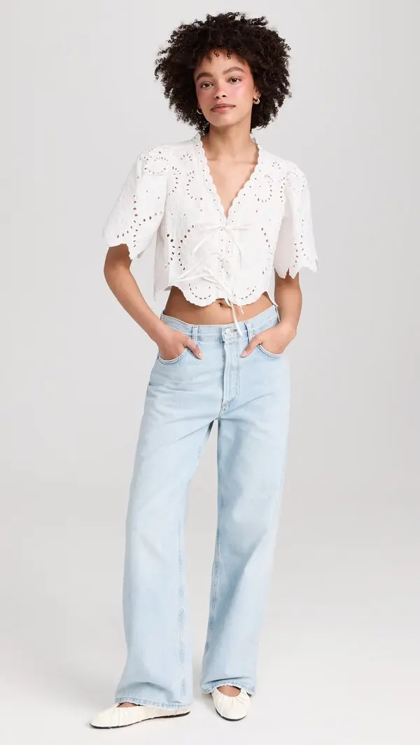 Moon River Eyelet Puff Sleeve Top