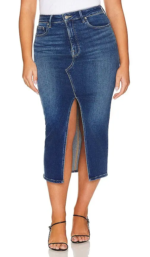 Good American Slit Front Midi Denim Skirt