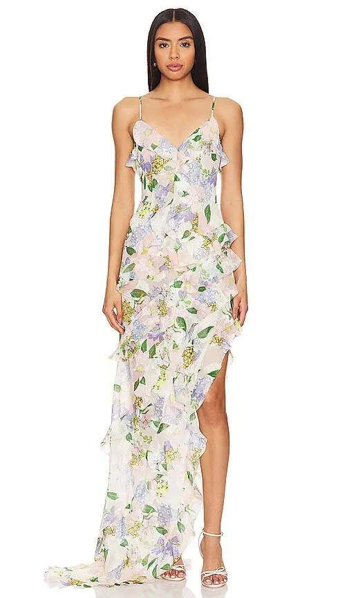 ELLIATT Floral Ruffled Asymmetrical Maxi Dress