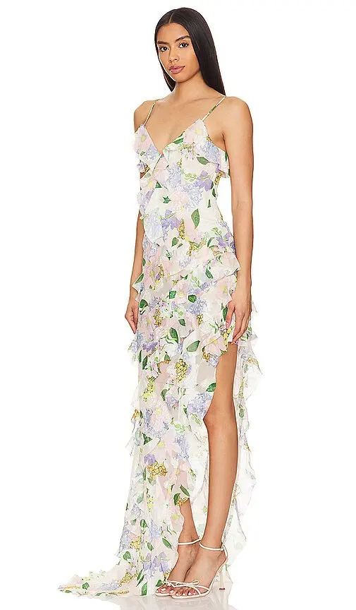 ELLIATT Floral Ruffled Asymmetrical Maxi Dress