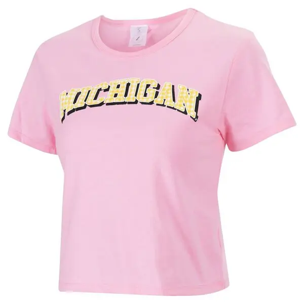 ZOOZATZ Michigan Wolverines Gingham Logo Cropped T-shirt - Pink