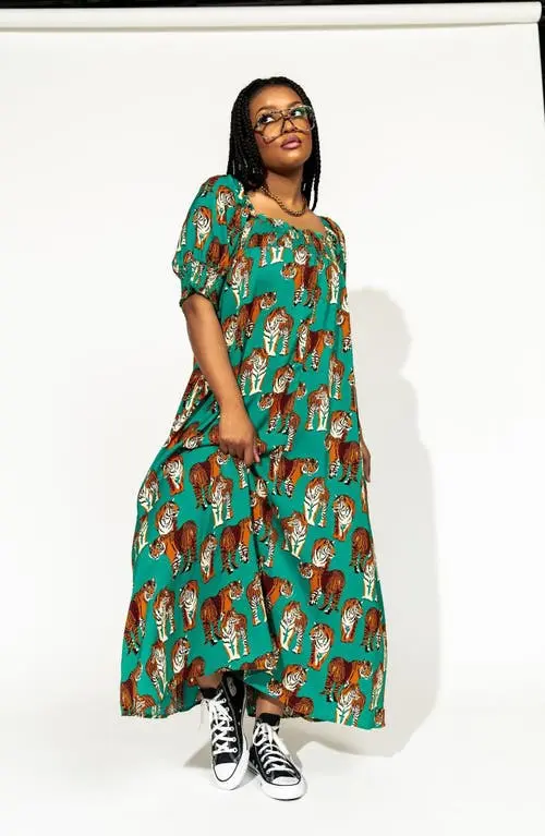 Dressed In Lala Tiger Print Smocked Maxi Dress - Green Tiger | Editorialist