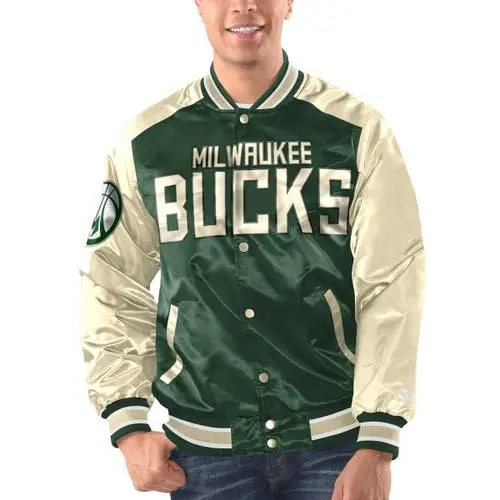 STARTER Cream Milwaukee Bucks Renegade Satin Full-snap Varsity Jacket