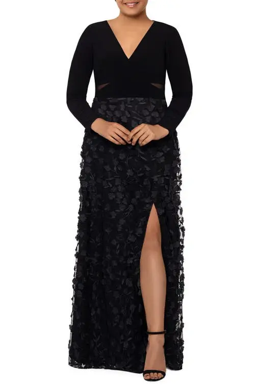 XSCAPE EVENINGS 3d Floral And Mesh Cutout Gown