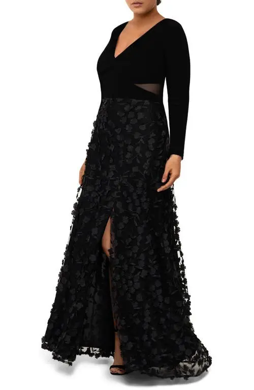 XSCAPE EVENINGS 3d Floral And Mesh Cutout Gown