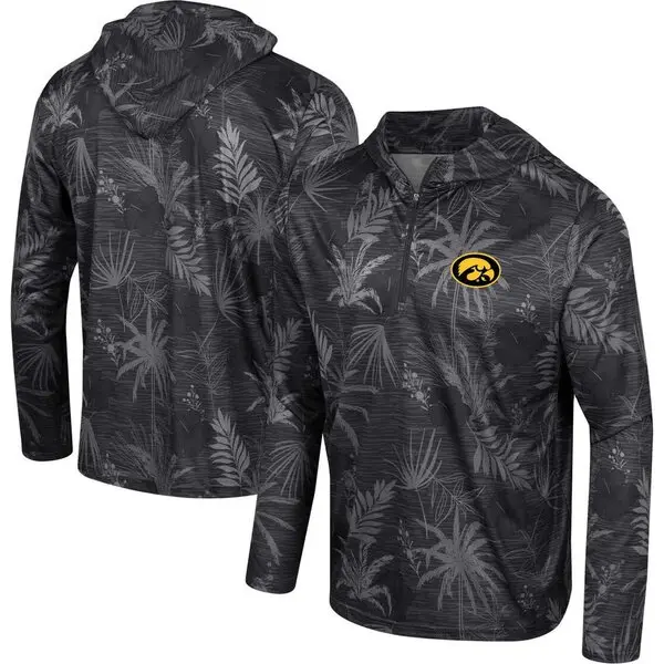 COLOSSEUM Iowa Hawkeyes Palms Printed Quarter-zip Hooded Top - Black