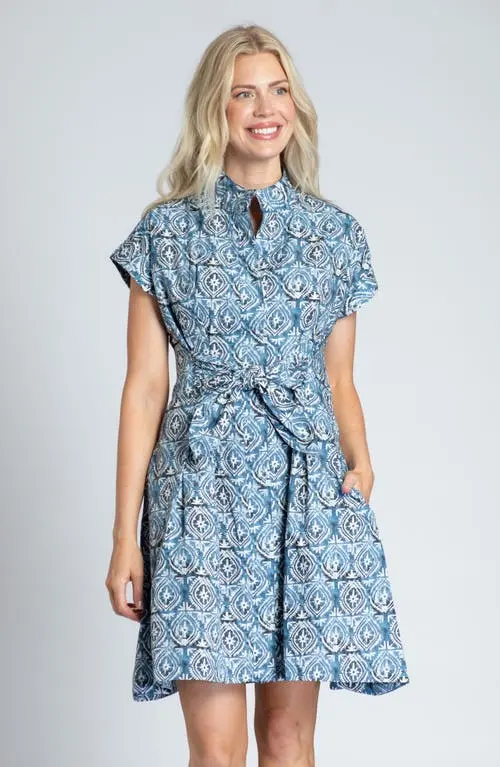 APNY Belted Shirt Dress - Blue Multi