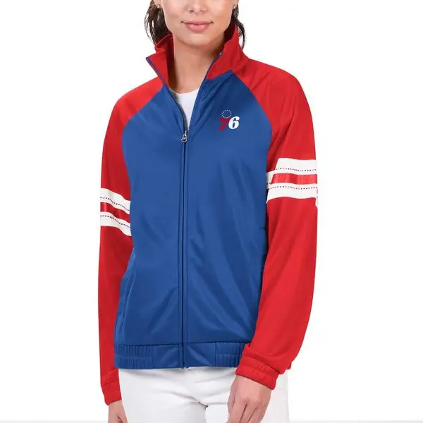 G-III 4HER BY CARL BANKS Philadelphia 76ers Main Player Raglan Rhinestone Full-zip Track Jacket - Royal
