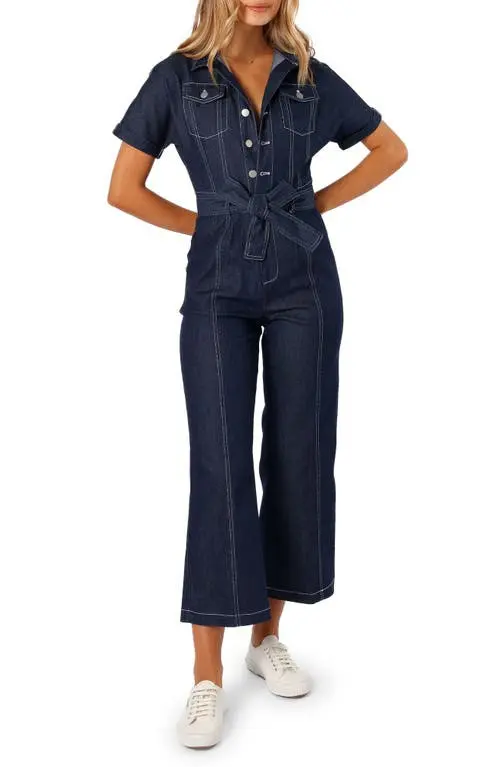 PETAL & PUP Short-sleeve Denim Jumpsuit - Dark Denim