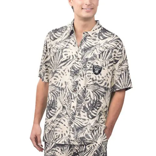 MARGARITAVILLE Tan Las Vegas Raiders Sand Washed Monstera Print Party Button-up Shirt - Cream