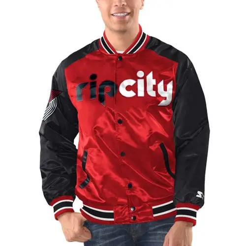 STARTER Portland Trail Blazers Renegade Satin Varsity Jacket By - Red