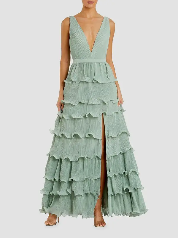 Mac Duggal Ruffled V-neck Tiered Maxi Dress