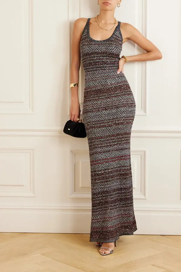 missoni sequin-embellished striped crochet-knit maxi dress MISSONI Sequin-embellished striped metallic crochet-knit turtleneck maxi  dress