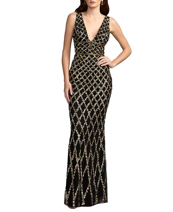 Mac Duggal Sequined Plunge Neck Sleeveless Gown - Black