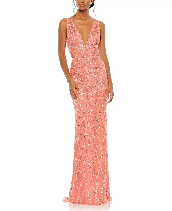 Mac Duggal Sequined Plunge Neck Sleeveless Gown - Coral