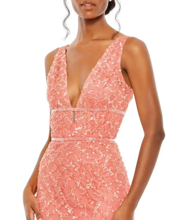 Mac Duggal Sequined Plunge Neck Sleeveless Gown - Coral