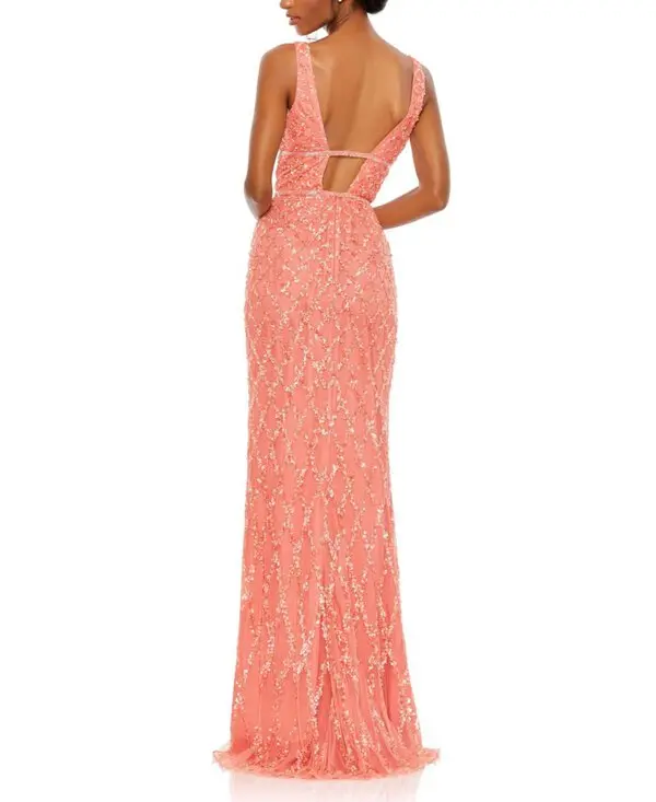 Mac Duggal Sequined Plunge Neck Sleeveless Gown - Coral