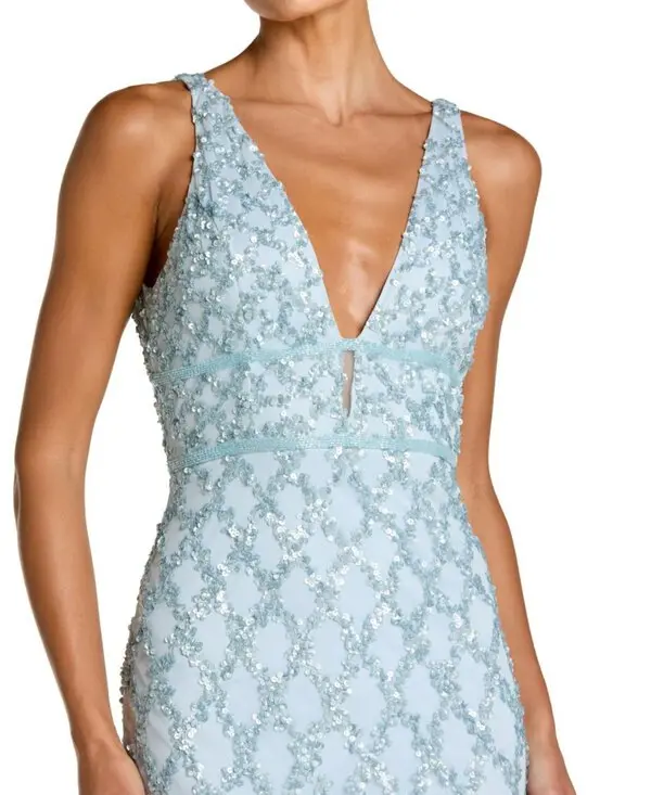 Mac Duggal Sequined Plunge Neck Sleeveless Gown - Ice Blue