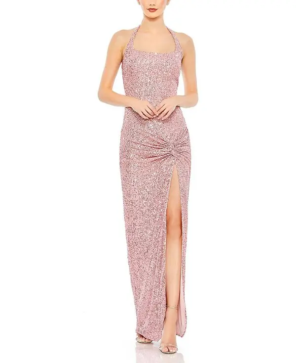 Mac Duggal Sequined Halter Gown With Knot Detail - Rose