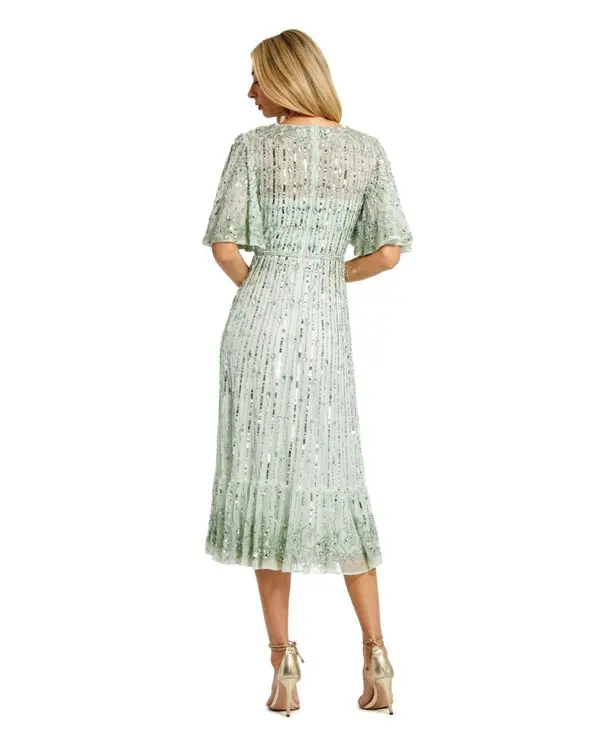 Mac Duggal Sequined Flounce Sleeve Midi Dress - Sage