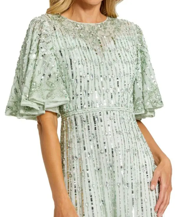 Mac Duggal Sequined Flounce Sleeve Midi Dress - Sage