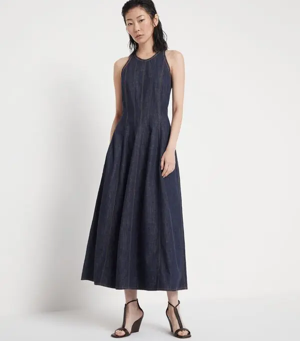 white christmas dresses Easel Frayed Detail Denim Maxi Dress in Dark Denim ON ORDER – June Adel main image 1