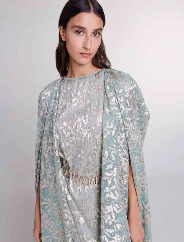 Maje Metallic Foliage Maxi Dress With Cape In Light Green / Gold - 50% Off  | Editorialist